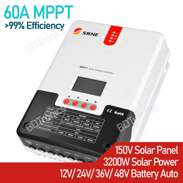 SRNE 60A MPPT Solar Charge Controller ML4860N15 12V 24V 36V 48V Battery Auto - Max Solar 3200W ...